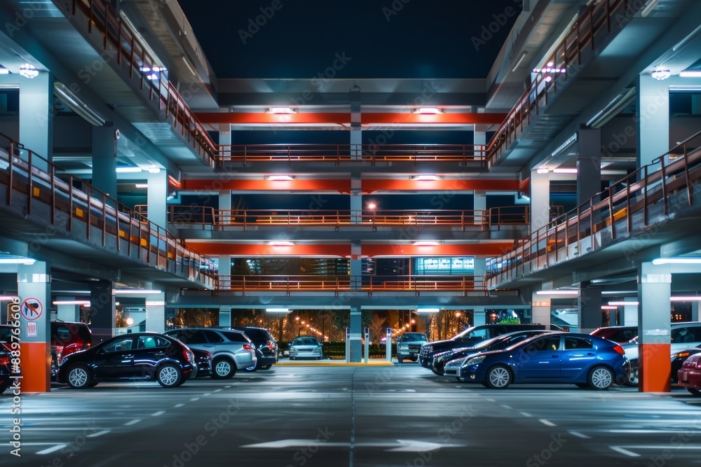 Multilevel Parking Garage at Night with Bright Directional Signs and ...