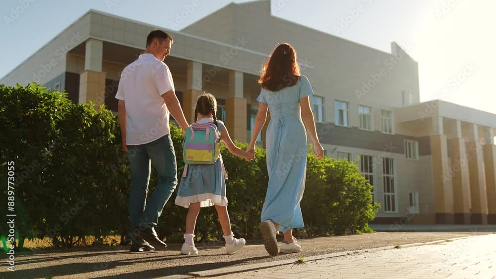 Father mother child school little child holds parents hands arriving ...