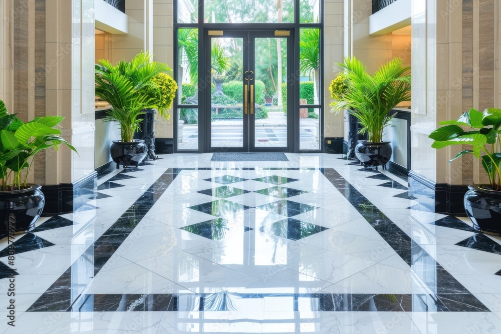 Modern lobby with polished marble floors, large windows opening to ...
