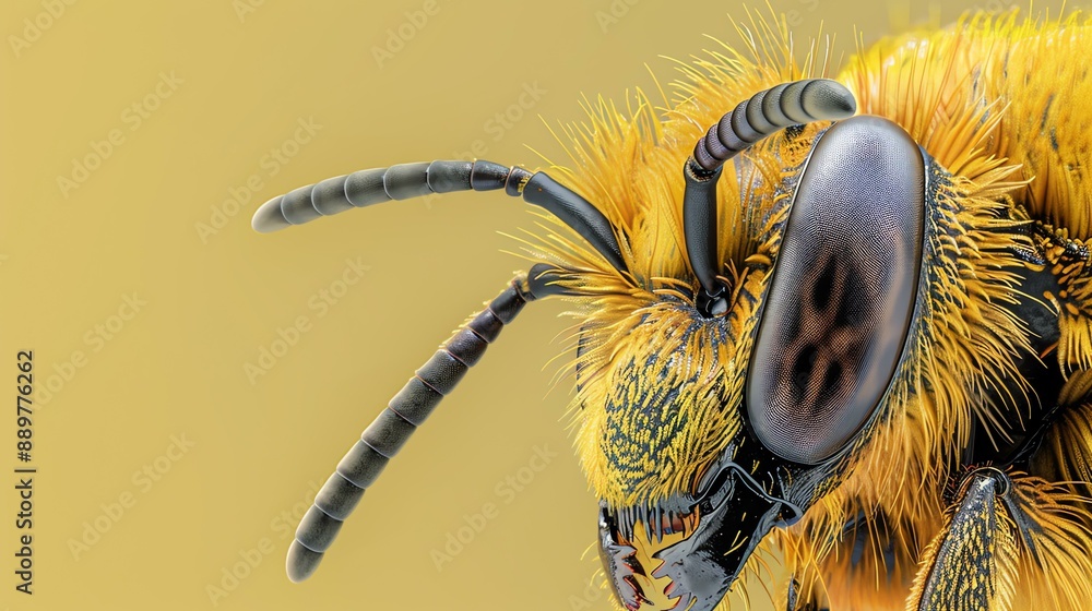 Amazing close-up portrait of a bee head. You can see all the details of ...