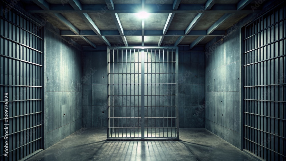 Dark cell with minimal light, showing the cold, damp walls and metal ...