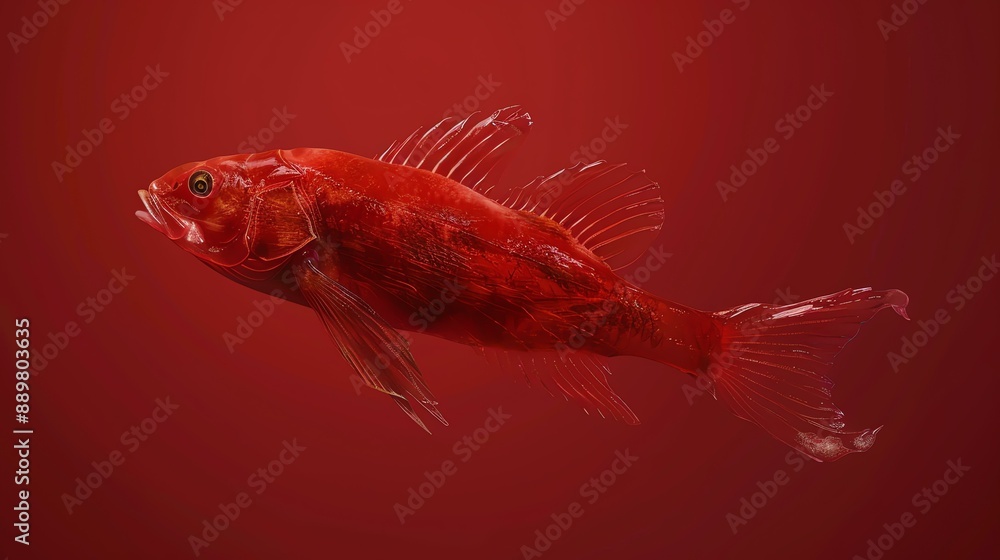 3D rendering of a red fish with transparent fins and scales. The fish ...