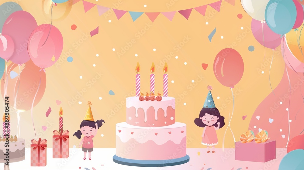 An animated illustration of a children's birthday party featuring two ...