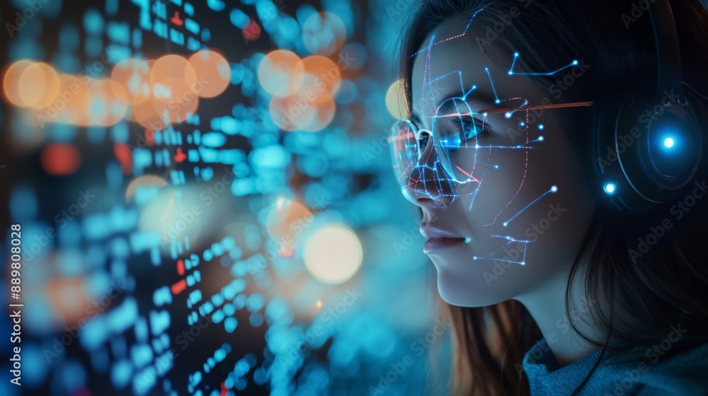 Artificial Intelligence Large Language Model (LLM). Female head with human face matrix digital ...