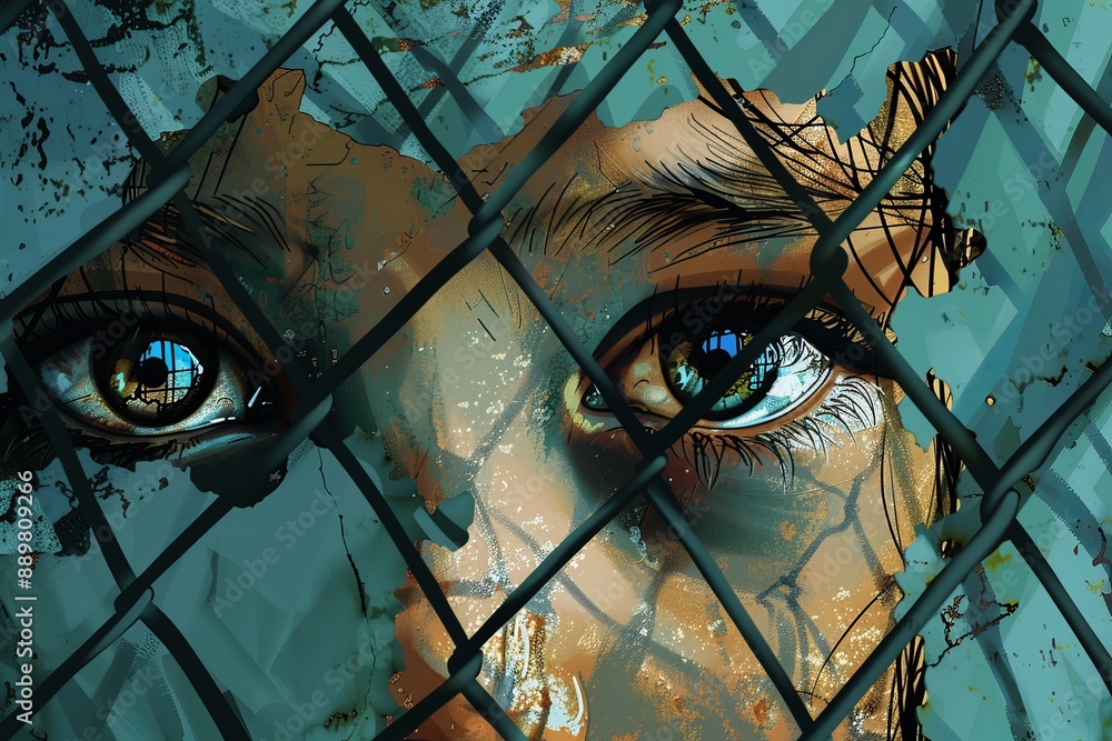 Human trafficking awareness. A close-up illustration of a child's eyes ...
