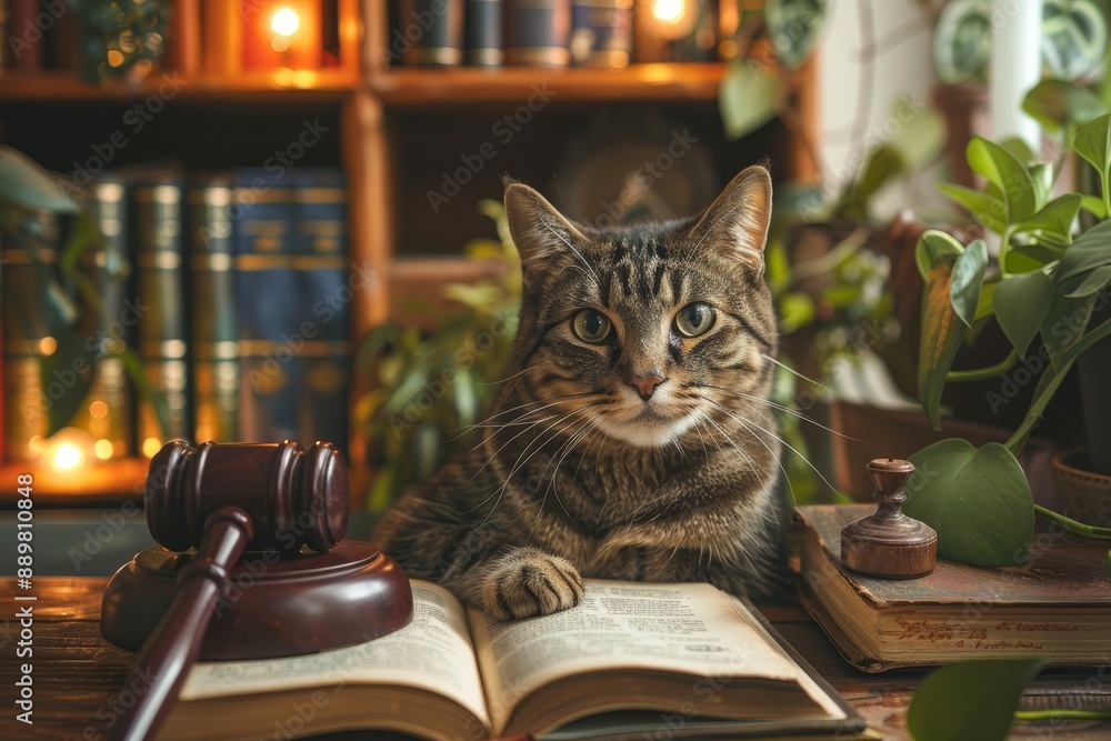Cat judge,courtroom setting,animals as a lawyers. A cozy shot of a cat ...