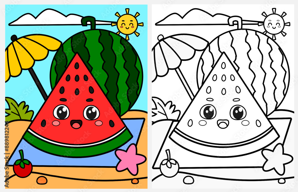 Cute cartoon watermelon slice coloring page for kids, summer coloring ...