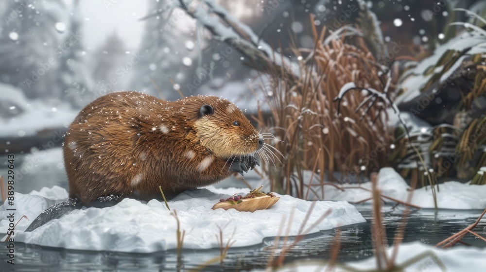 Nutria with long yellow fur otter marsh beaver eat in the snow near the ...