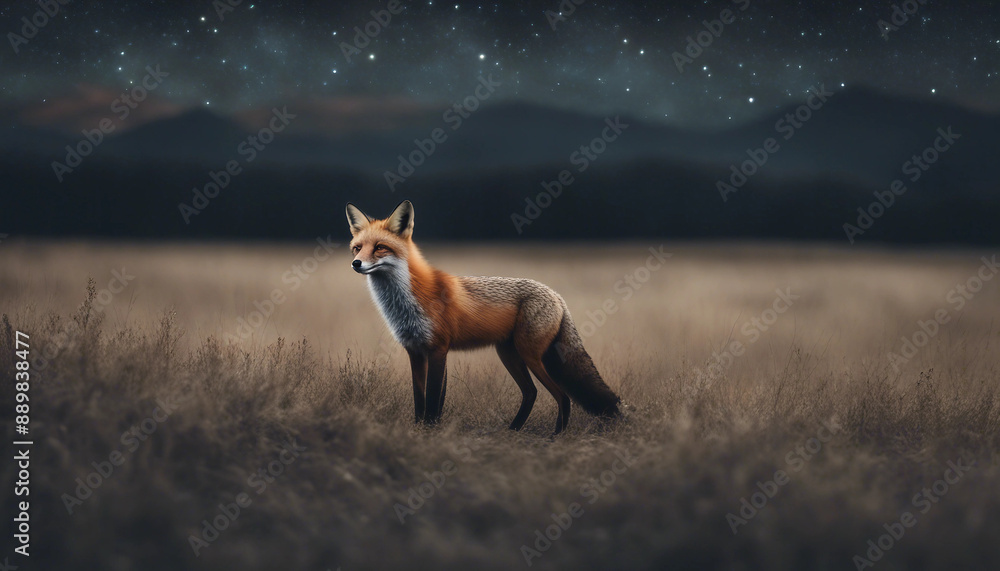 A red fox hunting under a starry night sky, with the faint glow of the ...