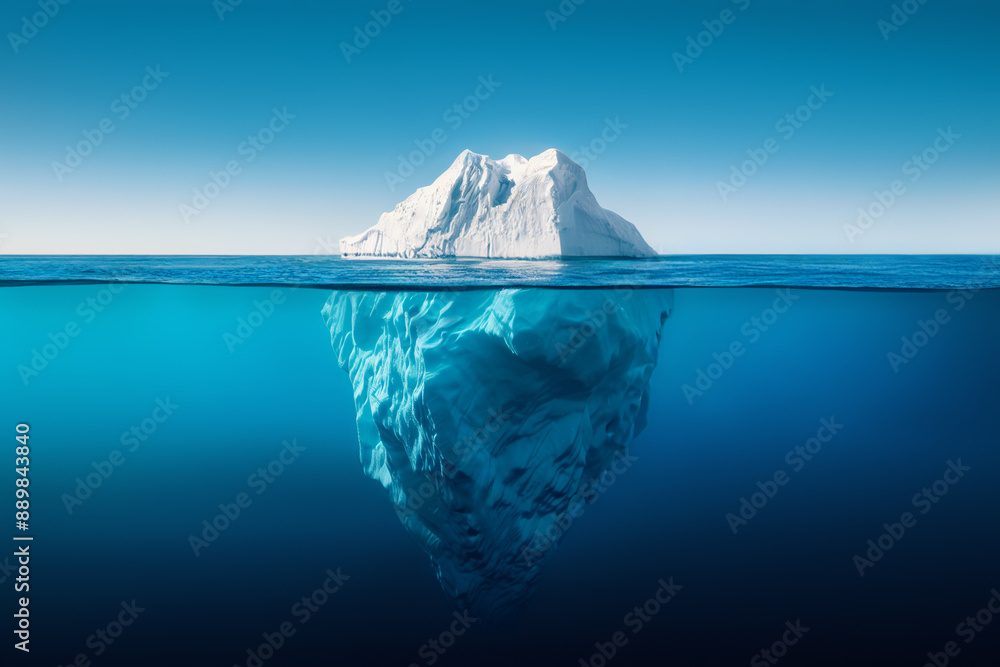 Split-shot of an iceberg floating between the cold blue ocean & the sky ...