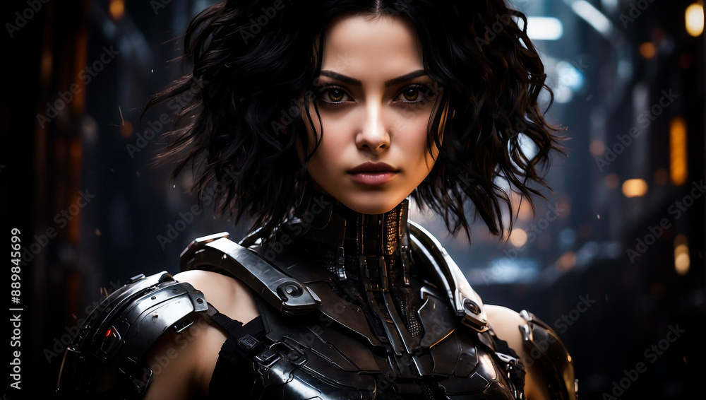 stylized fantasy artwork of a female cyborg character in a futuristic ...
