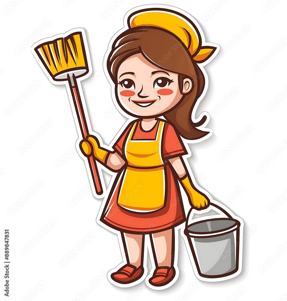 Happy cleaning lady with a broom and bucket cartoon illustration, white ...