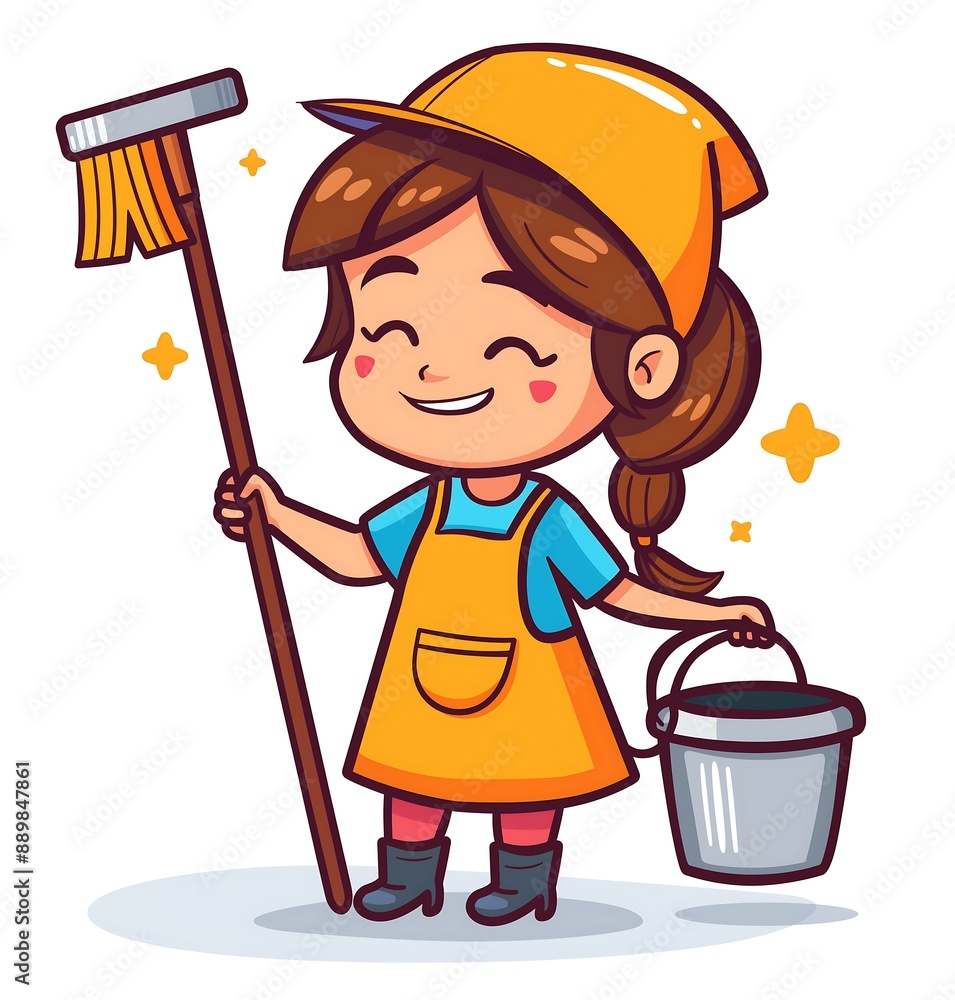 Happy cleaning lady with a broom and bucket cartoon illustration, white ...