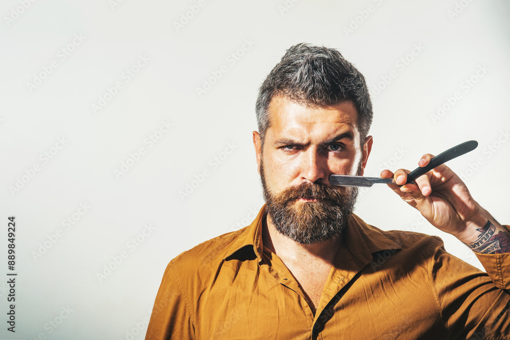 Barbershop, beard, straight razor. Male beard, bearded client visiting ...