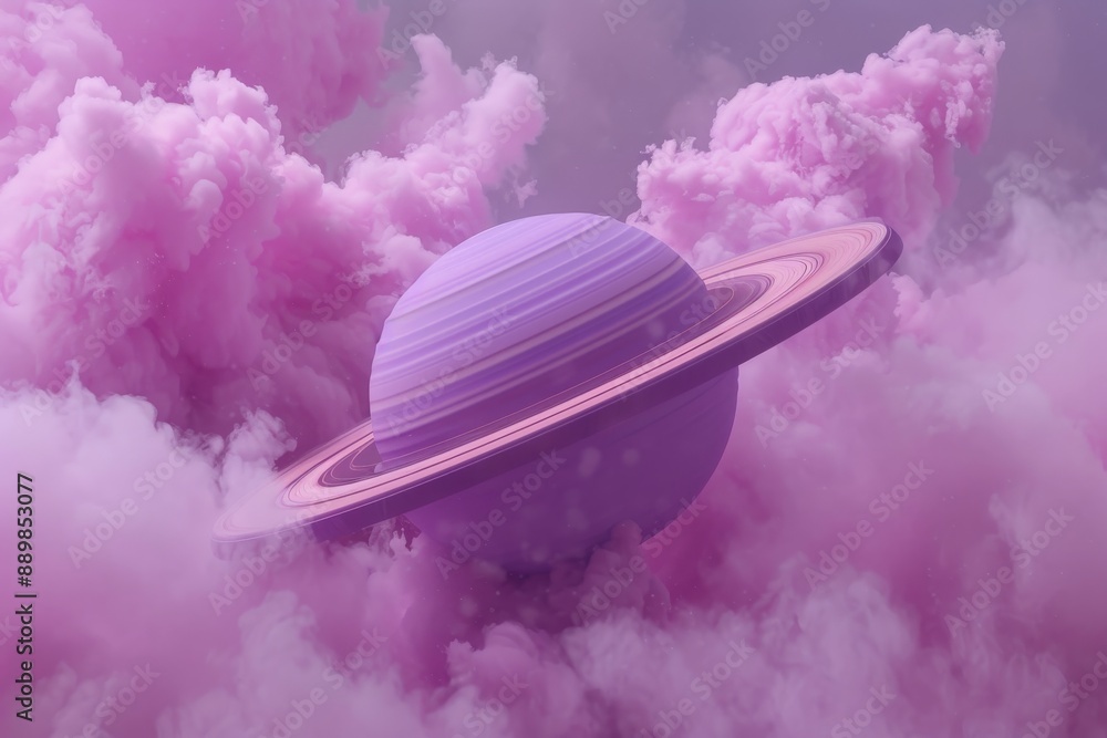 Surreal scene of a purple planet with rings floating in a pink cloud ...