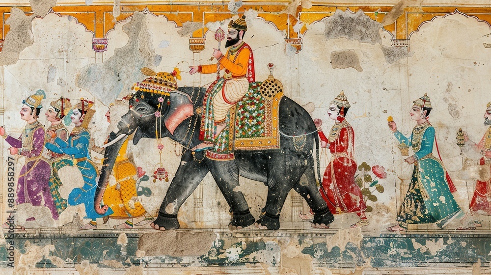 Mughal Emperor Riding an Adorned Elephant in a Procession: Indian ...