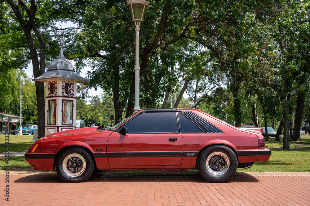 Side view of 1985 Ford Mustang GT hatchback (aka Fox body Mustang, four ...