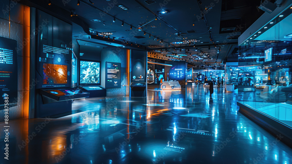 Futuristic exhibition hall with illuminated displays and interactive ...