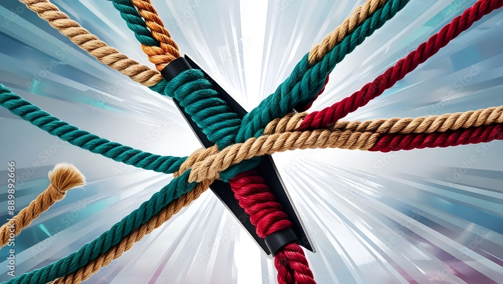 Colourfull ropes tied to show collective unity with teamwork concept on ...