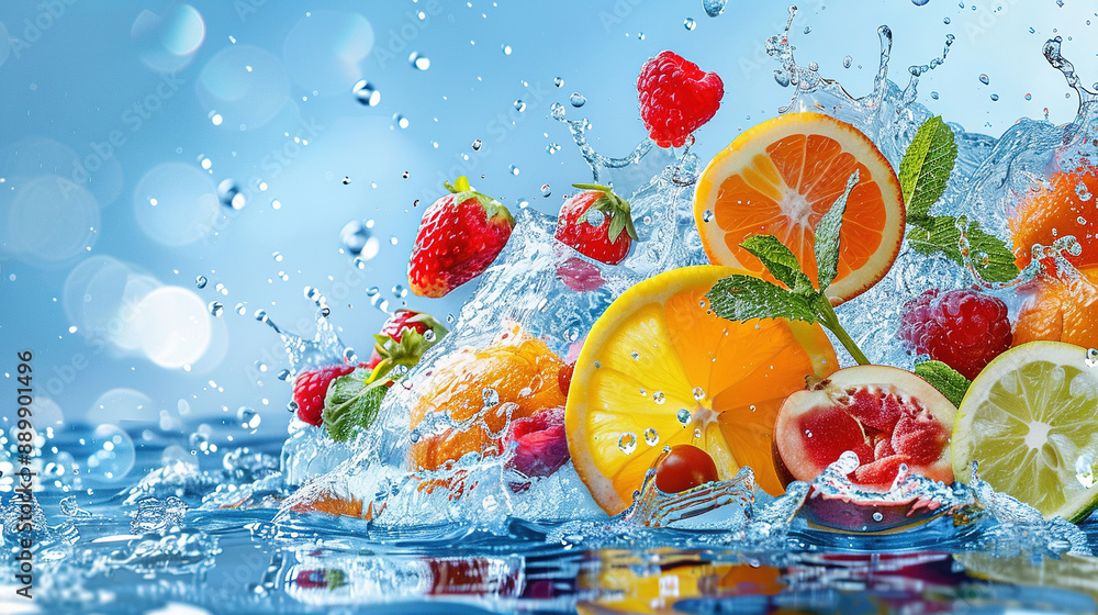Various fresh fruit with water splash vibrant, blue background. HD 4k ...