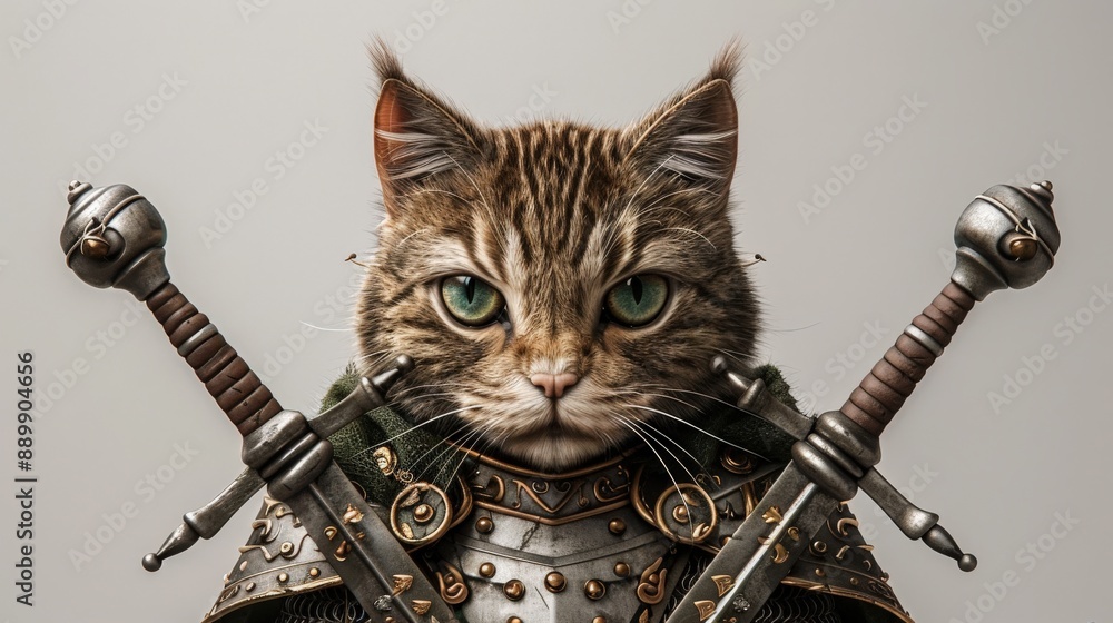 Adorable cat in medieval knight armor with crossed swords. Brave feline ...