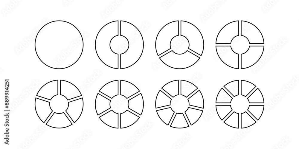 Circle division infographic icon set. Pie chart divided 6,7,8 equal ...