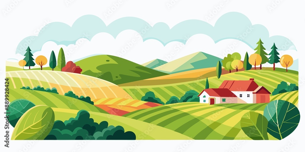 white background, Watercolor illustration of farm scene on white ...