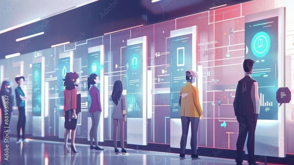 virtual job fair diverse avatars in digital queue futuristic ui ...