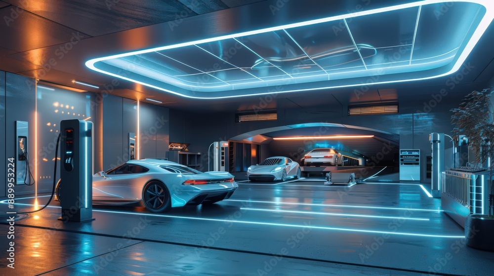 Photograph a futuristic garage with electric vehicle charging stations ...