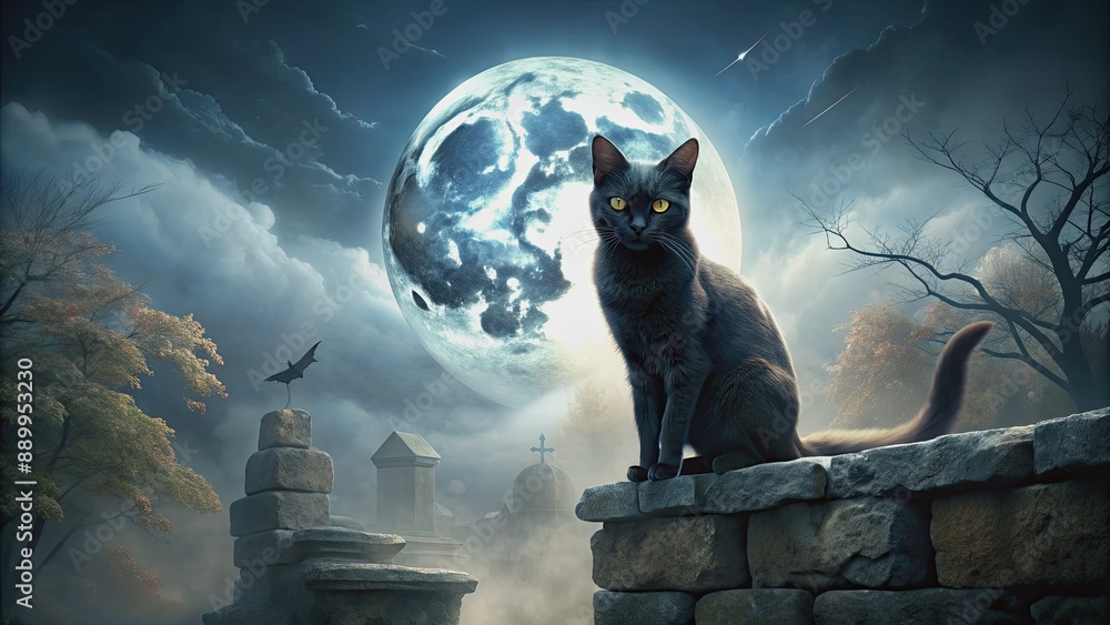 Mysterious black cat with glowing eyes perches on ancient stone wall ...