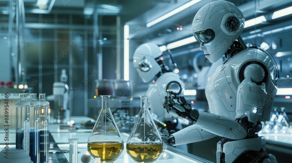 Photograph an advanced biotech lab where robots are conducting high ...