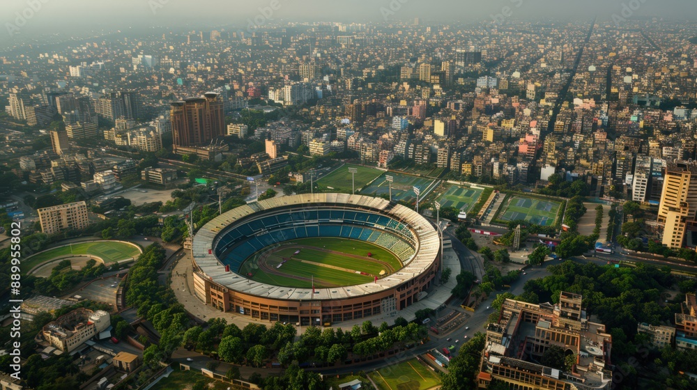 Present an aerial panorama of Delhi's sports stadiums and recreational ...