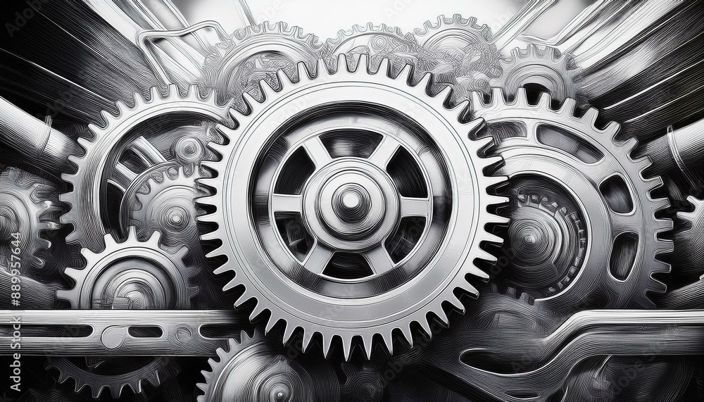Simple lineart of multiple gears in motion, each cog detailed with ...