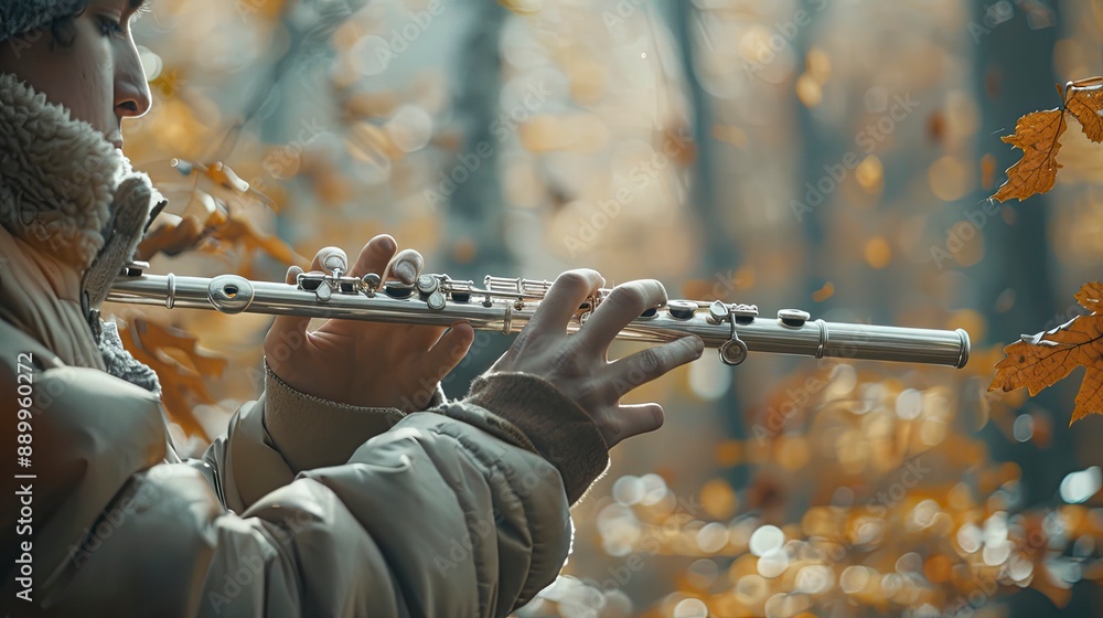 Flutist playing a silver flute, captured in a serene woodland setting ...