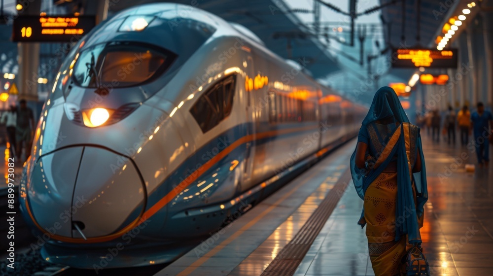 Traveler Boarding a Sleek White and Blue Bullet Train at the Station: A ...