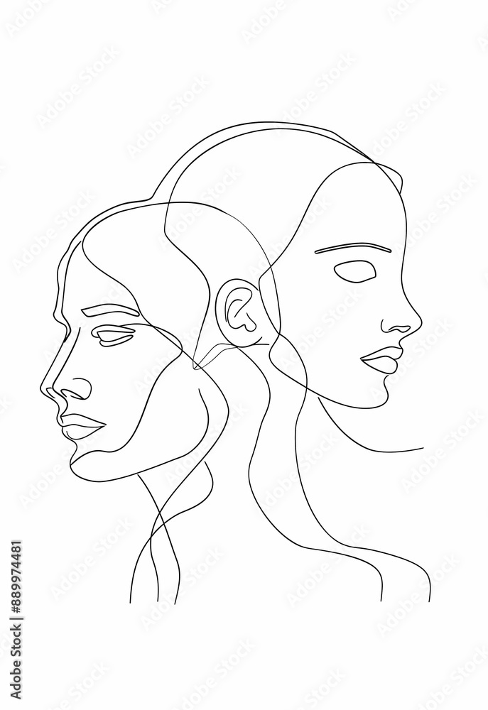 Two faces in one line art drawing. A line drawing of two female ...