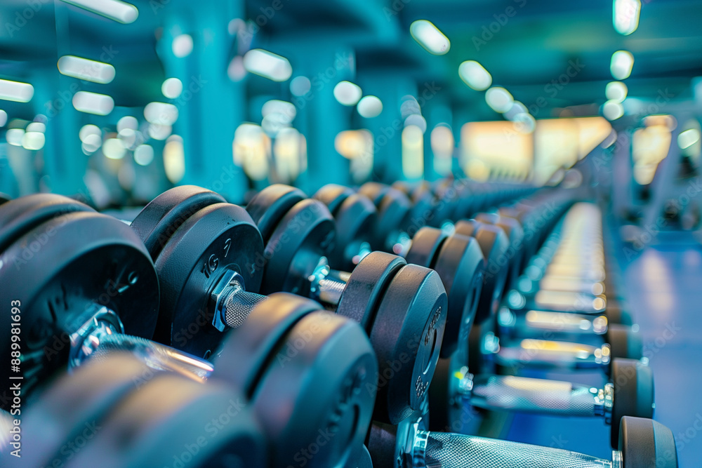 row of black dumbbells are lined up on a rack. The dumbbells are all ...