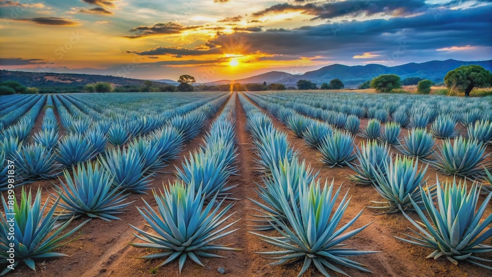 Agave field at sunset, rows of mature blue agave plants ready for ...