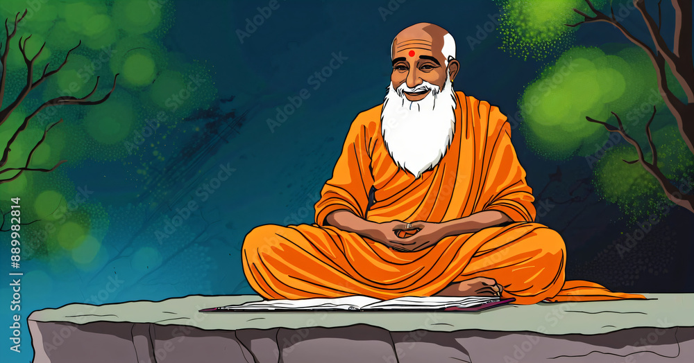 Happy Guru Purnima, Illustration of indian sage wearing orange cloth ...