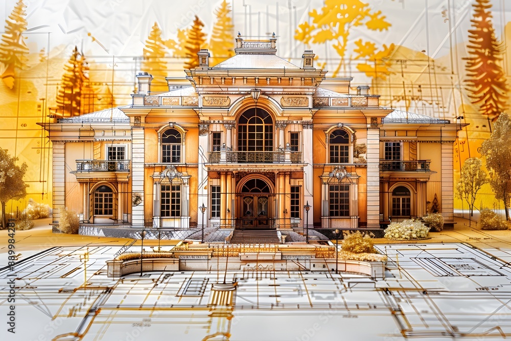 Luxury Mansion Design with Detailed Blueprints and 3D Model Against ...