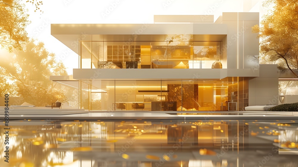Minimalist Mansion Blueprint with Luxurious 3D Model on Golden ...