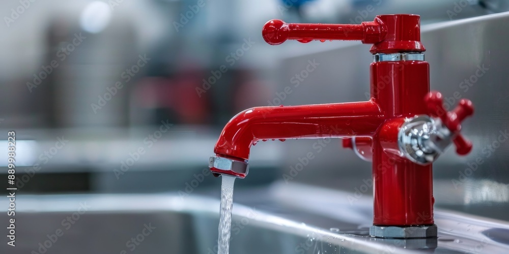 New Red Water Tap with Drinking Water Valve: Close-up View of Public ...