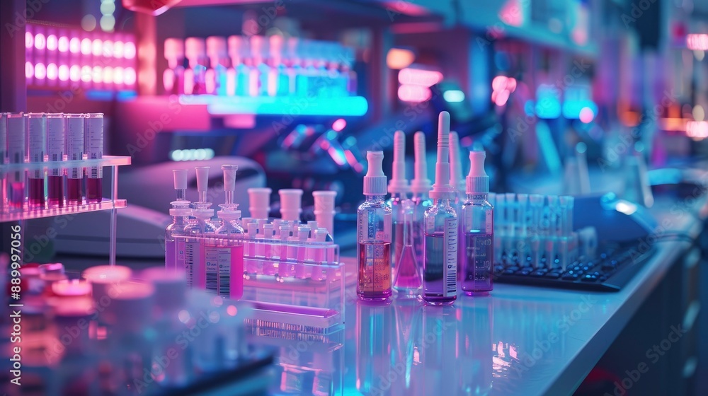 A detailed shot of a laboratory workspace with a focus on molecular ...