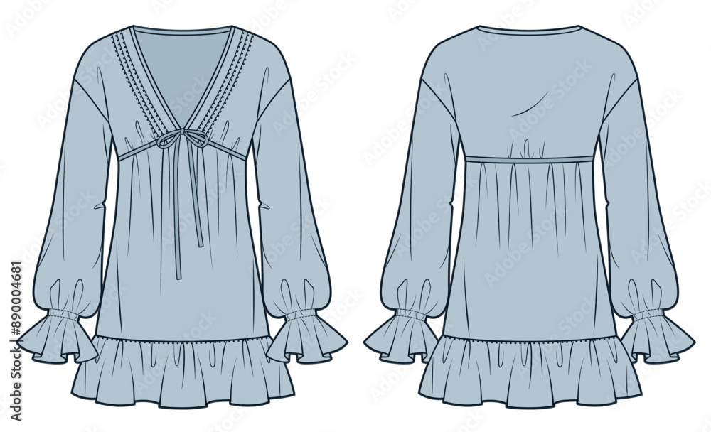 Tunic Dress technical fashion illustration. Ruffled Dress fashion flat ...