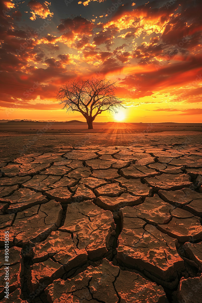 Parched land and withered tree beneath a vivid sunset, stark image of ...