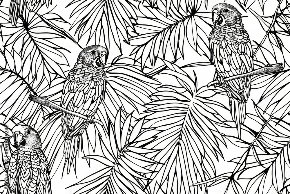 Seamless Tropical Parrots and Plant Leaves | Coloring page for ...