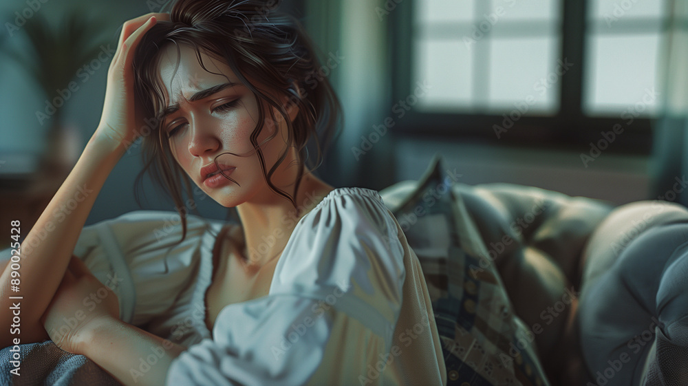 Young woman sitting on a couch at home, holding her head in distress ...