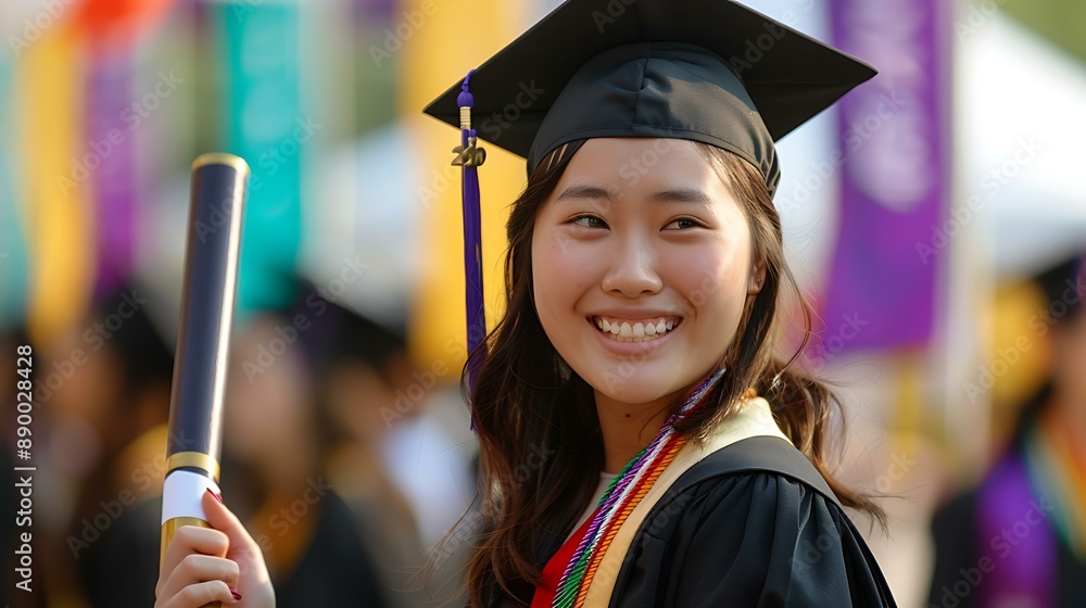 Smiling Asian graduate girl holding her degree close to her chest ...