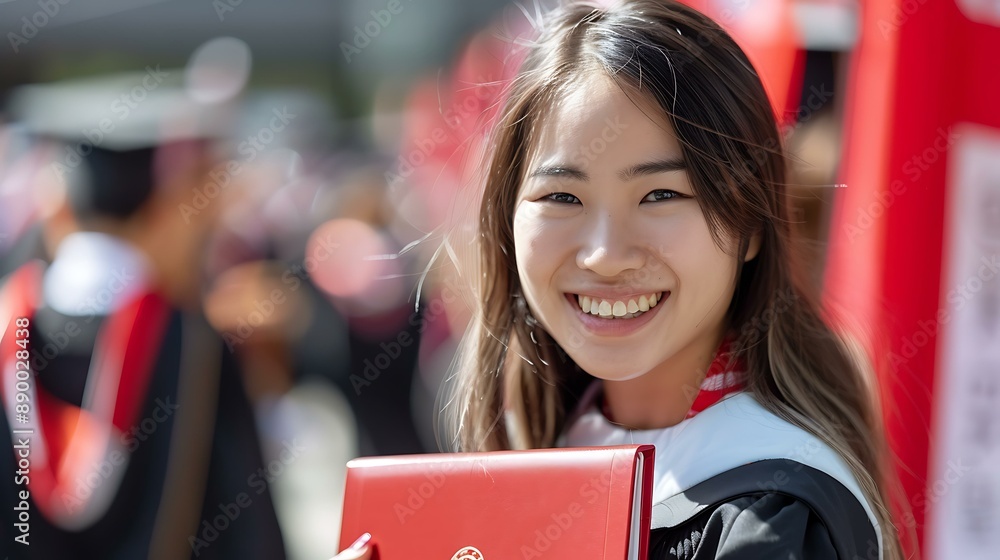 Smiling Asian graduate girl holding her degree close to her chest ...