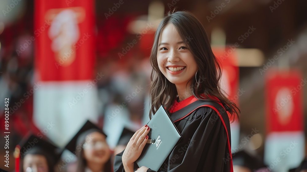 Smiling Asian graduate girl holding her degree close to her chest ...